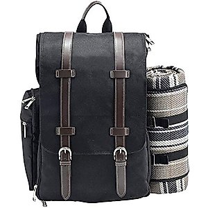 Picnic Backpack for 2 | Picnic Basket | Stylish All-in-One Portable Picnic Bag with Complete Cutlery Set, Stainless Steel S/P Shakers | Picnic Blanket Waterproof Extra Large| Cooler Bag for Camping