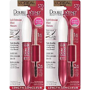 L'Oreal Paris Makeup Double Extend Beauty Tubes Lengthening 2 Step Mascara, Washable, Black, 0.33 oz., 2 Count