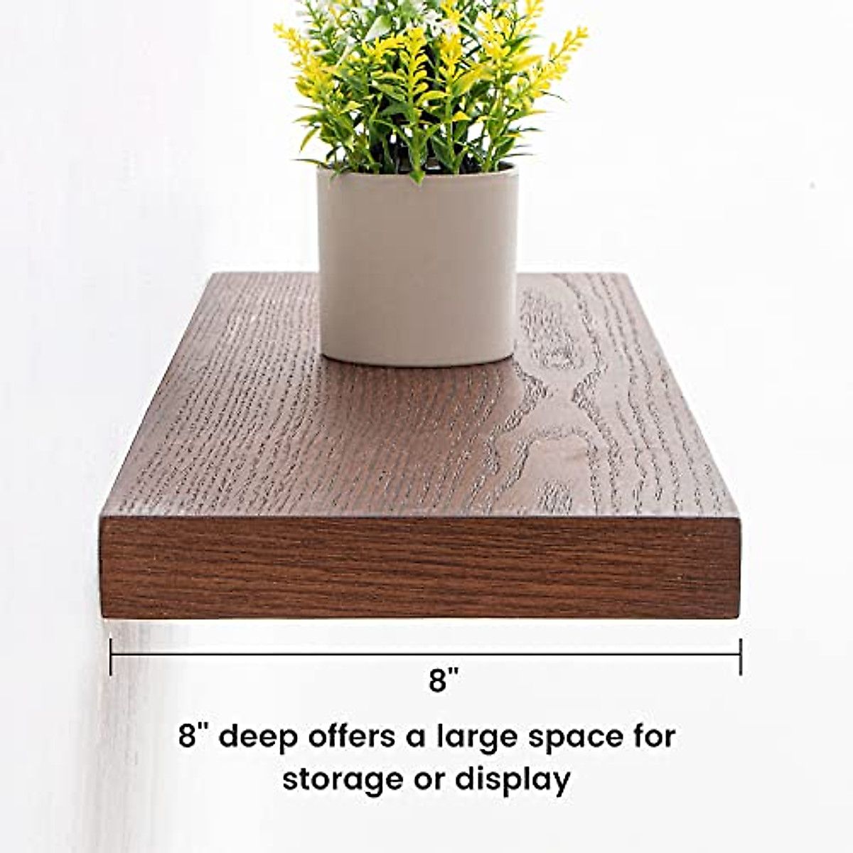 Floating Shelves, 8 Inch Deep Rustic Natural Oak Wall Shelves for Storage, Wall Mounted Wooden Display Shelving for Bedroom, Living Room, 24'' x 8'' Shelves, Dark Oak Color, Set of 2