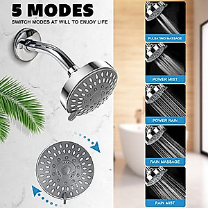 Shower Head High Pressure - OSUUQZS Rain Fixed Showerhead 5- Setting 4.1"High Flow Showerhead - with Adjustable Brass Ball- For Low Pressure Water (Chrome)