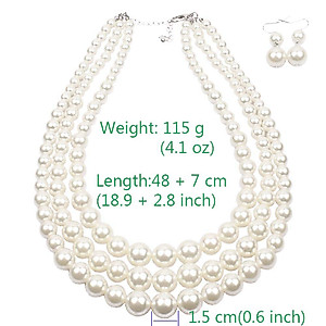 Daimay Simulated Pearl Chokers Multi-Layer Pearl Necklace Multi-Strand Pearl Statement Bridal Choker Necklace for Wedding Party Jewelry 20s Flapper Necklace for Party with Earring -White