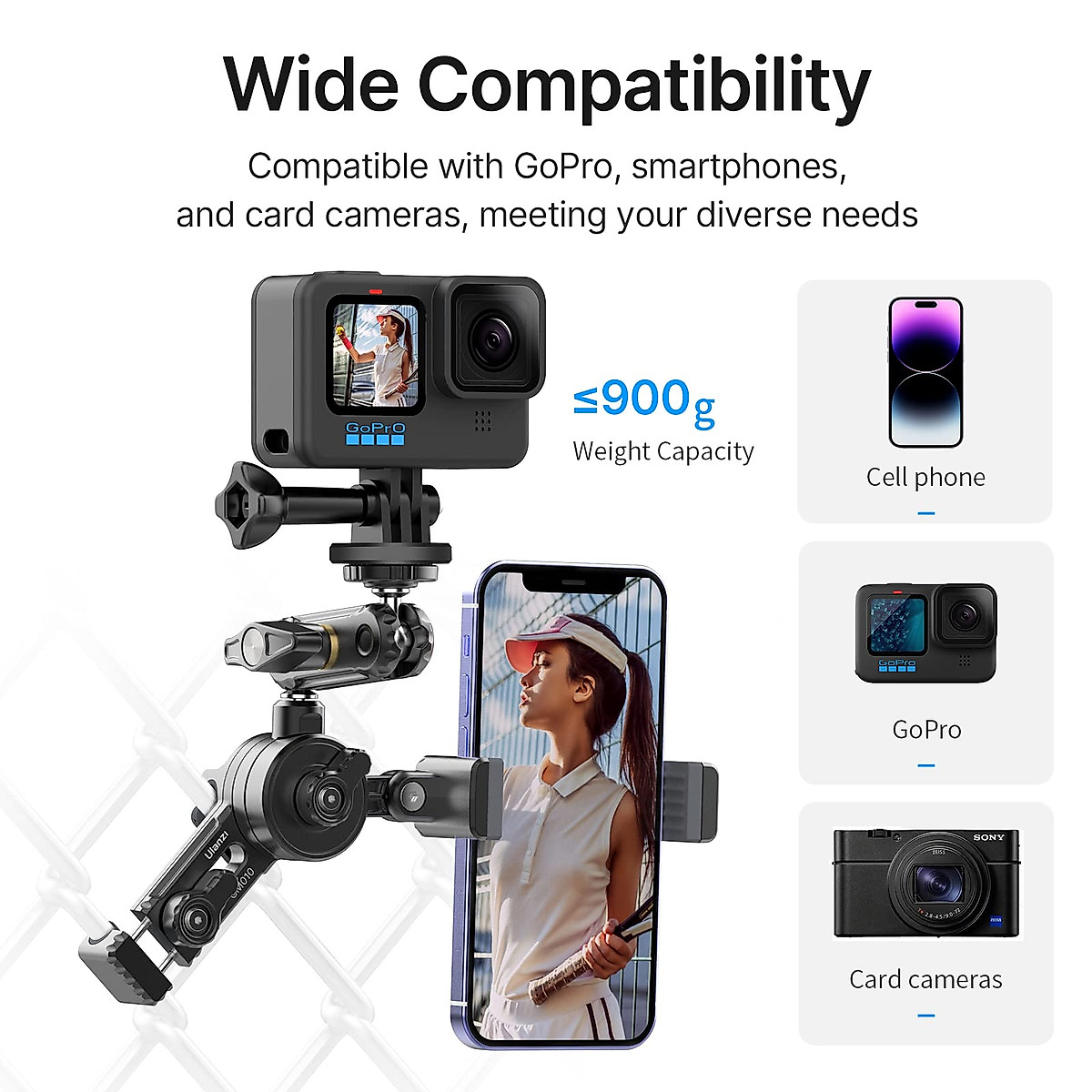 ULANZI CM010 Fence Mount for Mevo, GoPro, iPhone, Phone, AKASO, DJI Osmo Action, Insta360, Mevo Start for Baseball Softball Tennis Recording, Cameras Net Chain Link Fence Clip Mount Holder