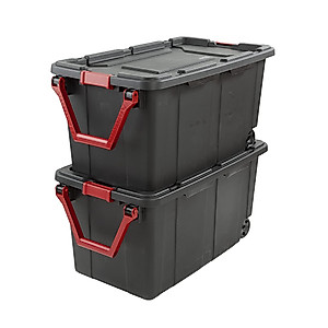 Plastic 40 Gallon Lidded Home Storage Bins, Durable Stackable Industrial Storage Containers Tote, Organizing Tote Tub Box with Wheeled, Moving Boxes, for Basement, Attic, Garage, Set of 2, Black