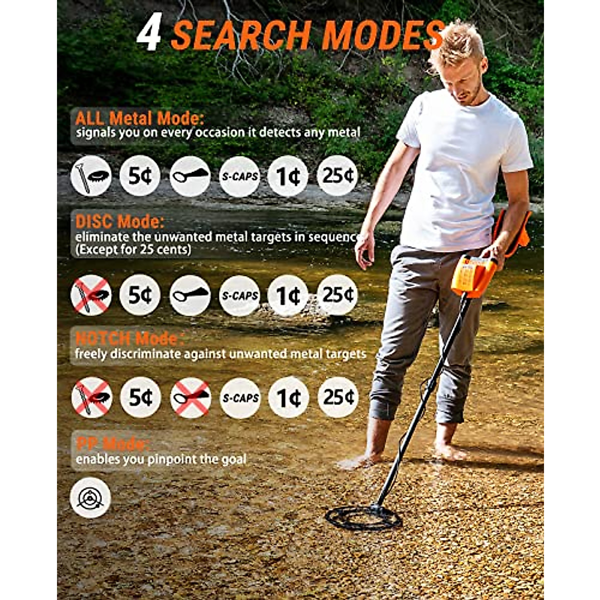 SUNPOW Metal Detector for Adults Professional Waterproof-Adjustable High Accuracy Beach Metal Detector with Ground Balance,All Metal & DISC & Notch & Pinpoint 4 Modes, 10" IP68 Coil, Advanced DSP Chip