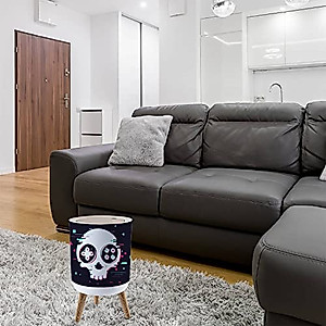 IKFLWJUTFW Small Trash Can with Lid Game over glitchy sign skull and gamepad Video symbol Gamer 7 Liter Garbage Elasticity Press Cover Kitchen Bathroom Office Fashion Paper Basket 1.8 Gallon Color6