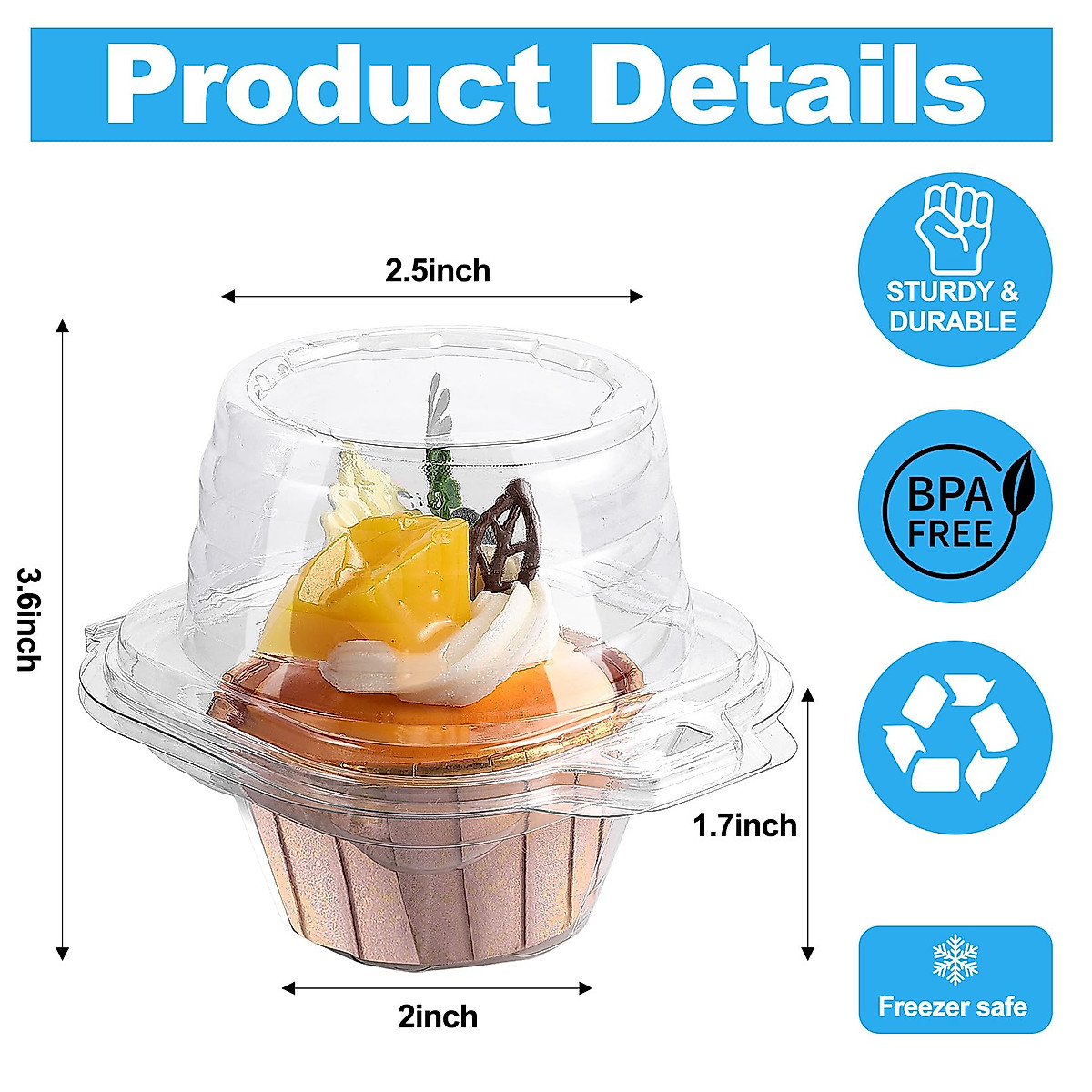 Vyndicca 100Pack Individual Cupcake Containers,Disposable Clear Plastic Cupcake Holders,Stackable Single Compartment Cupcake Carrier With Connected Airtight Deep Dome Lid for Cake Muffins,BPA Free