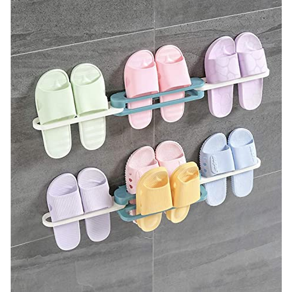 2PCS Bathroom Slippers Rack Wall Mounted Shoe 4in1Organizer Rack Folding Slippers Holder Shoes Hanger Punch-Free Storage Towel Racks (Blue)