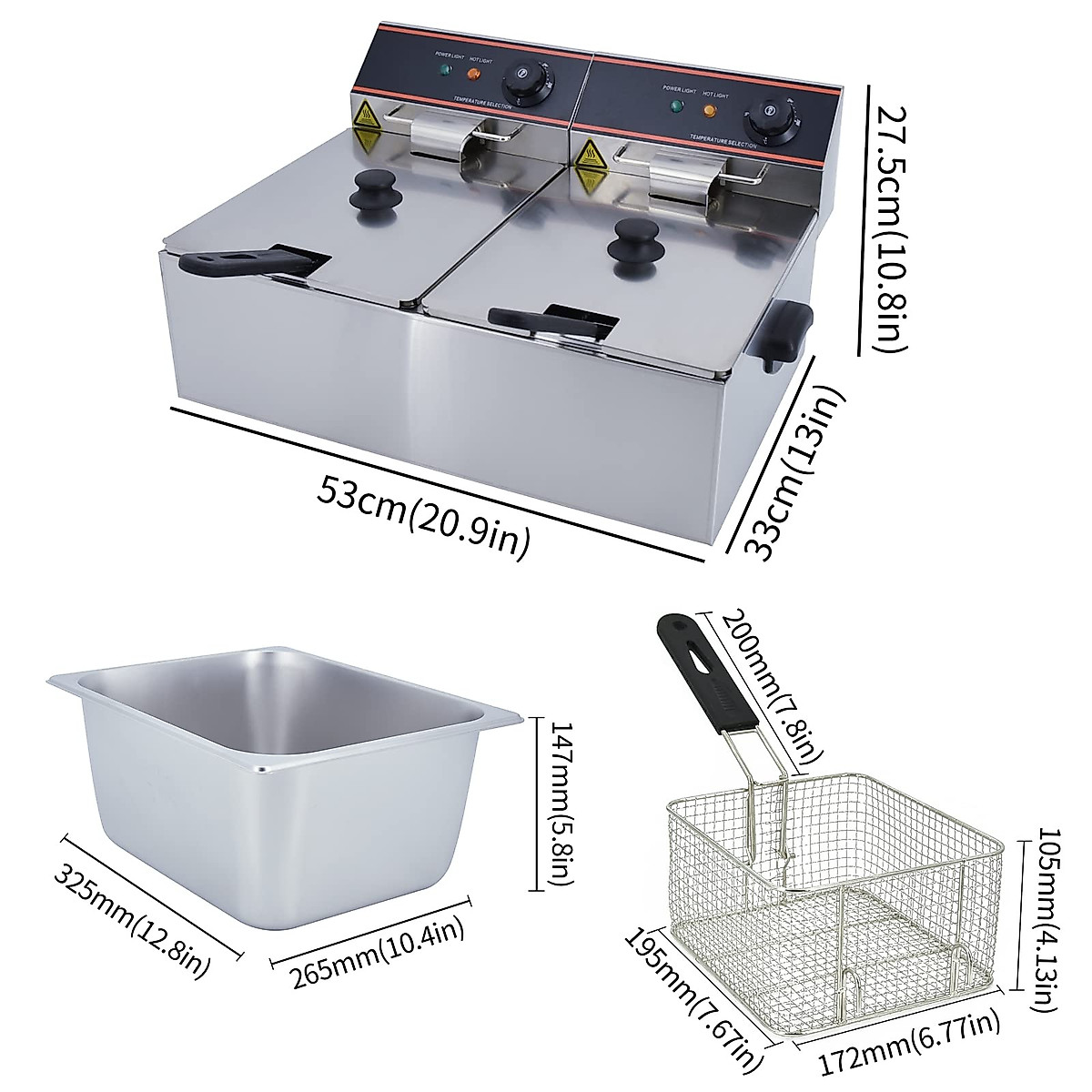 TAIMIKO Commercial Deep Fryer, Countertop Deep Fryer with Handle&Basket,Stainless Steel Electric Deep Fryer for Commercial Restaurant Fast Food Restaurant (1300W×2,6L×2)