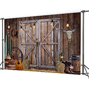 Dudaacvt 8x6FT Western Cowboy Backdrop Western Party Supplies Decorations Wild West Decor Rustic Wooden House Barn Photography Background for Boy Baby Birthday Banner D671