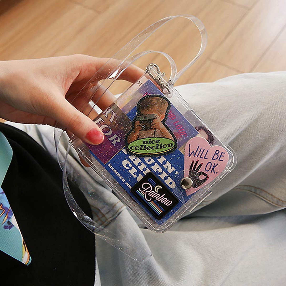 Clear Wallet Glitter Jelly Wallets Transparent Bifold Photocards Holder Lanyard Coin Pouch,Silver