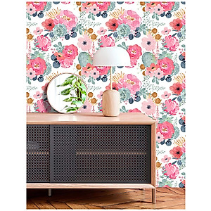 HAOKHOME Floral Wallpaper Peel and Stick Watercolor Cactus White/Pink/Green/Navy Blue Vinyl Self Adhesive Contact Paper Decorative 17.7in x 9.8ft
