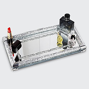 SHYFOY 12.5in Mirror Perfume Vanity Tray Crushed Diamond Filled Crystal Decorative Tray Silver Glass Tray Coffee Table Top Tray Decor Makeup Jewelry Tray Bathroom Washstand Tray for Dresser Home Decor