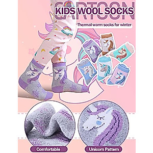Anlisim Kids Wool Hiking Socks Toddlers Boys Girls Warm Winter Thermal Thick Heavy Crew Boot Cozy Child Gift Cabin Socks Stocking Stuffers 6 Pack(Unicorn C,8-12 Y)
