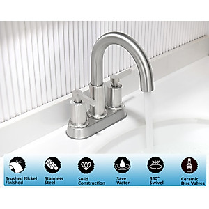 RAINMAX Bathroom Faucets, Brushed Nickel Bathroom Sink Faucet,3 Hole Bathroom Faucet,2-Handle RV Lavatory Vanity Faucet with Pop Up Drain and Supply Lines KMBF004L-1