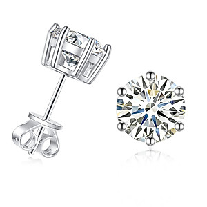 Moissanite Earrings for Women Men, 1ct-4ct DEF Color Lab Created Moissanite Diamond Stud Earrings，925 Sterling Silver earrings, Safety Friction Back (1 Carat/Pair, 6prong)