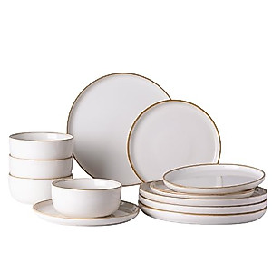 GBHOME Ceramic Dinnerware Sets for 4, 12 Pieces Stoneware Plates and Bowls Sets, Chip and Scratch Resistant Dishes, Dishwasher & Microwave Safe, Reactive Glaze-White