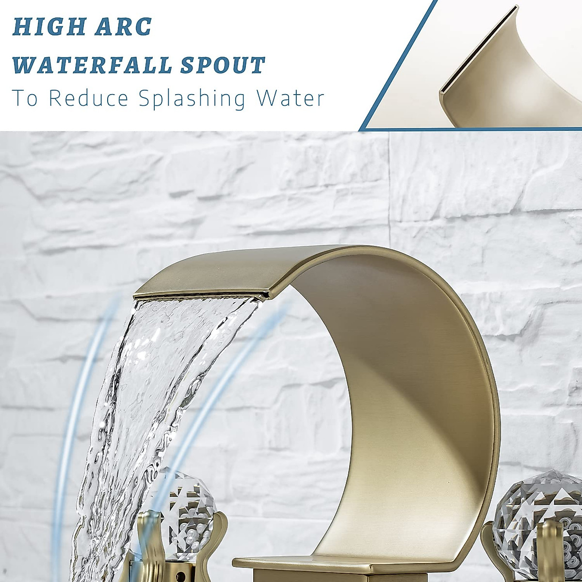 BANGPU Bathroom Sink Faucet 3 Hole Widespread Waterfall Bathroom Faucets with Crystals Handles Basin Mixer Tap 8-Inch High Arc Vanity Faucet with Supply Hose, Brushed Gold