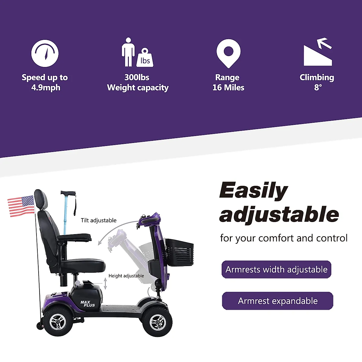 Metro Mobility - 2025 New 4 Wheel Outdoor Mobility Scooter - Adult Mobility Scooter 300 lbs Foldable - Battery - 12V20AH*2pcs, Max Range 16 Miles (Purple)