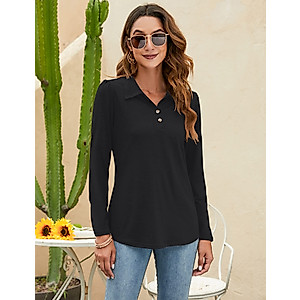 LOMON Women's Long Sleeve Polo Shirts and Blouses Business Casual Collared Tunic Shirt Black XL
