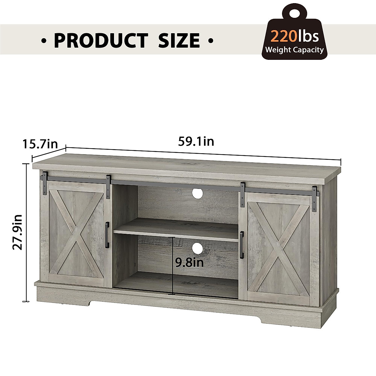 IDEALHOUSE Grey Farmhouse Cabinet, 65 Inch TV Stand with Storage, Barn Doors and Shelves, Modern TV Console Table Furniture for Living Bedroom