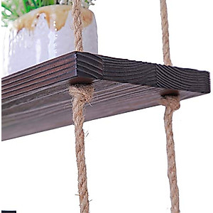 HXSWY Rustic Rope Hanging Shelves for Wall Wood Window Plant Shelf Indoor 3 Tier Dark Brown