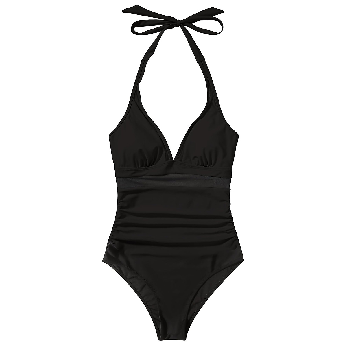 RXRXCOCO Women Sexy V Neck Mesh One Piece Bathing Suit Halter Push Up Tummy Control Swimsuit Swimwear X-Large Black