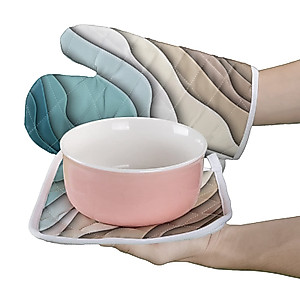 Kitchen Oven Gloves Teal Blue Modern Geometric Oven Mitts Pot Holder Set Brown Abstract Ocean Wave Hot Pad Sets for Kitchen BBQ Cooking Baking Grilling Heat Resistance
