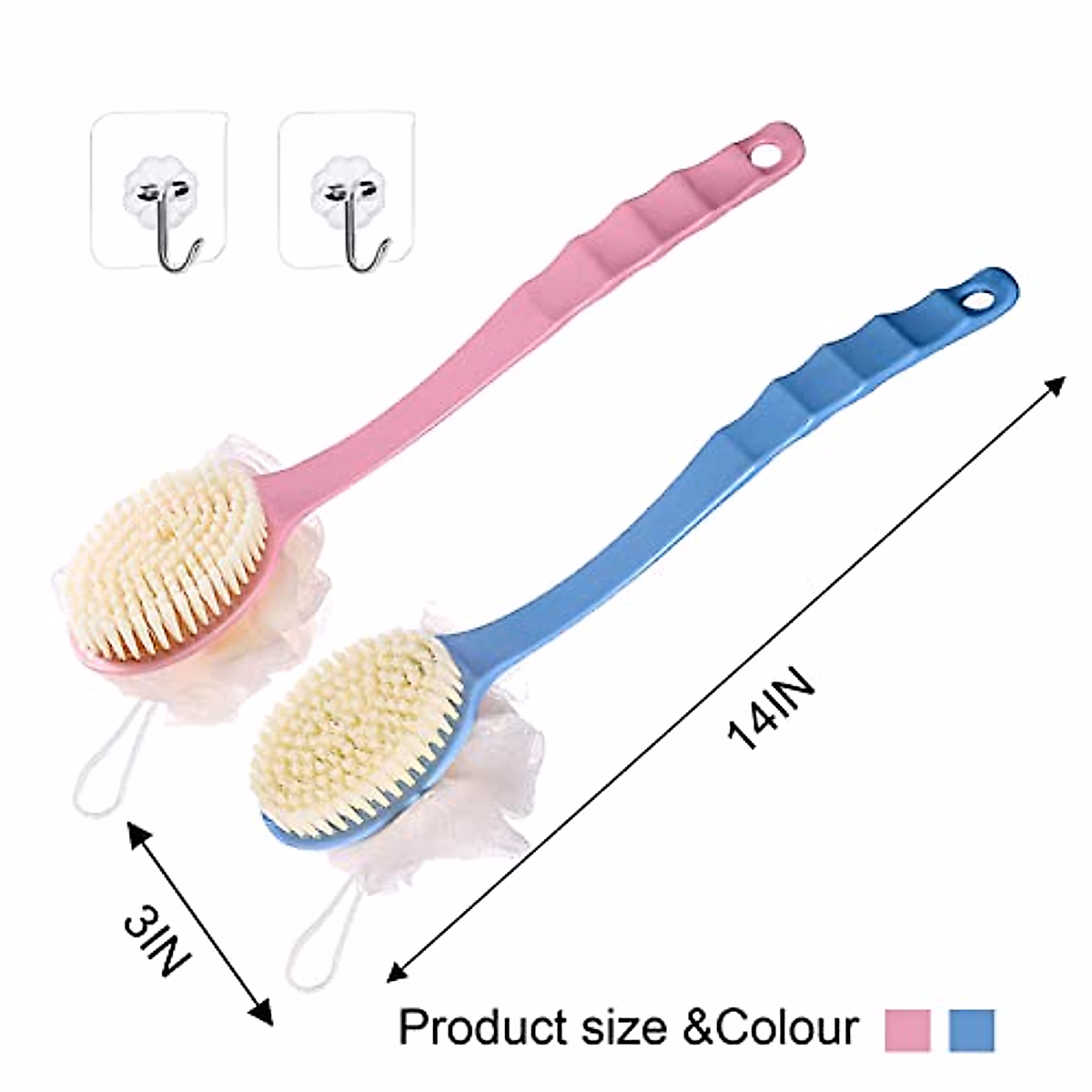 2 Pack Body Brush Back Scrubber for Shower Bath Back Scrubber with Soft Loofah and Bristles Back Scrubber Bath Mesh Sponge with Curved Long Handle Suitable for Wet or Dry, Women and Men (2PACK Set)