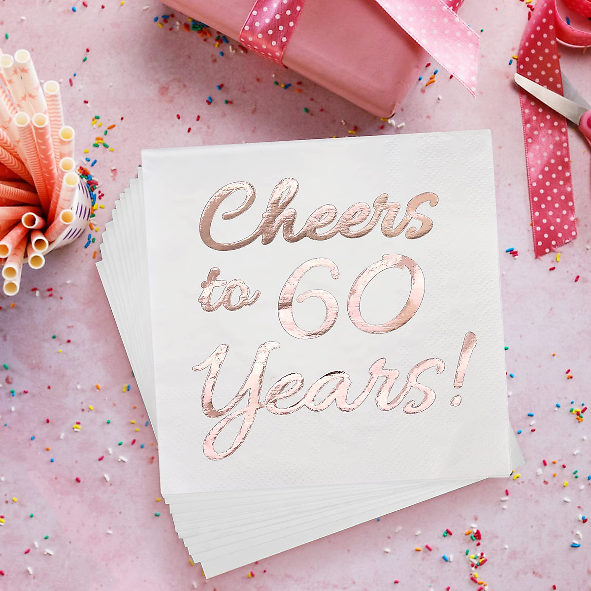 60th Birthday Decorations Women Party Supplies Cocktail Napkins Rose Gold 50 Pack 5"x 5" Folded Cheers to 60 Years! (60)