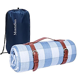 MontoSun Large 59x79'' Picnic Blankets Handy Beach Picnic Blanket Outdoor Lawn Mat 3 Layered Blanket Waterproof Foldable Beach Blanket Sandproof for Camping,Travelling,Hiking (Sky Blue Gingham)
