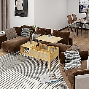 Rattan Lift Top Coffee Table, Wood Lifting Top Central Table with Hidden Compartment, 40 Inch Lift Tabletop Tea Table Cocktail Table Modern Pop up Adjustable Table for Home Living Room, Office