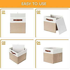 DULLEMELO 11 inch Cube Storage Bins,Fabric Storage Cubes for Organizing,Collapsible Foldable Linen Canvas Closet Storage Bins for Shelves Closet Bedroom Toys Home Office(White&Khaki)