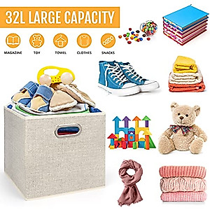 BiSiViO 13 Inch Fabric Cube Organizer, Foldable Cube Storage Bins Basket, Closet Organizers Box, Home Organizers with Handle for Shelves, Closet, Kallax, Office, 2 Packs (Beige)