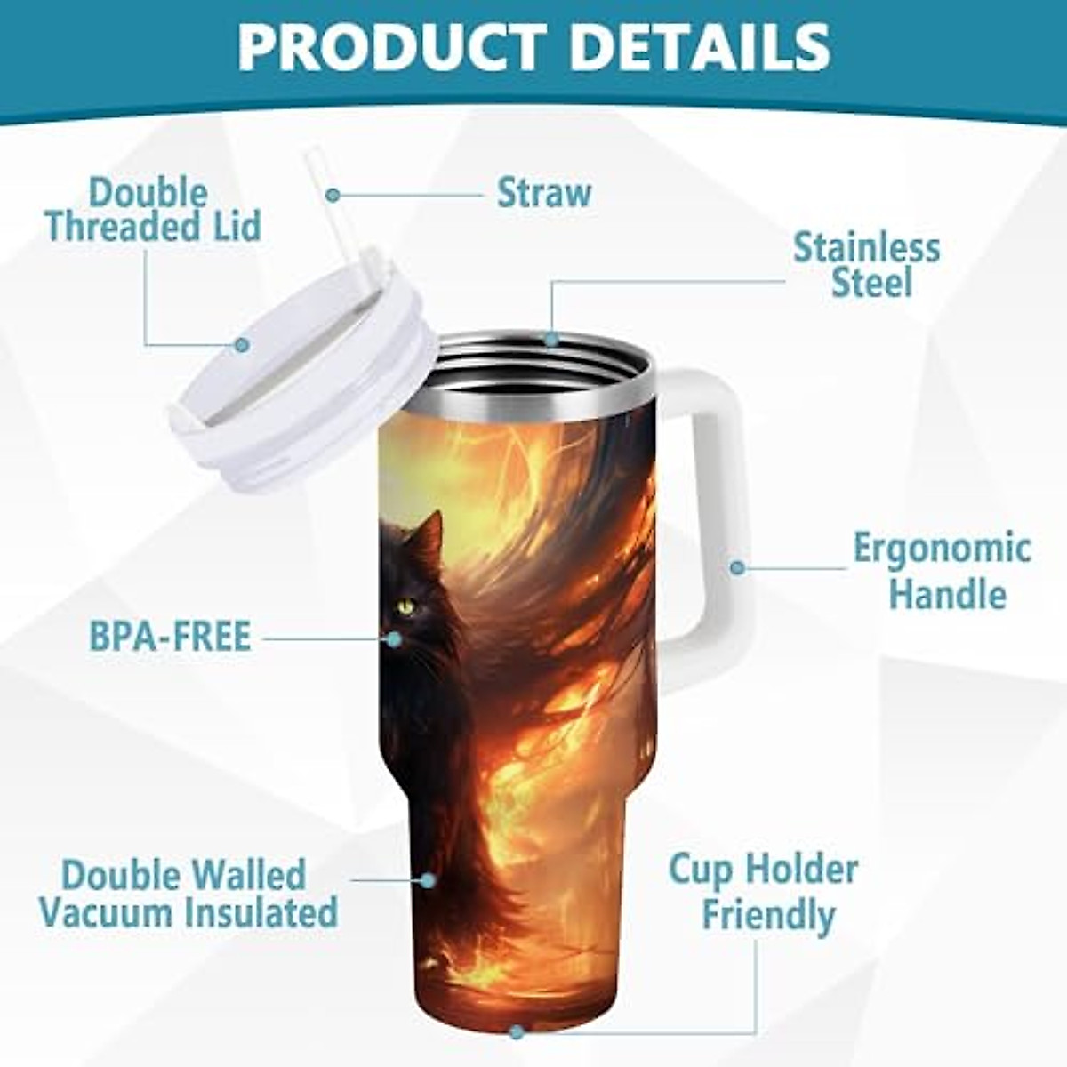 ARGTILDN 40 oz Tumbler Black Cat Fire Insulated Travel Mug with Handle and Straw Lid Stainless Steel Vacuum Coffee Cup Tea Beverage Container Water Bottles for Car Sports office