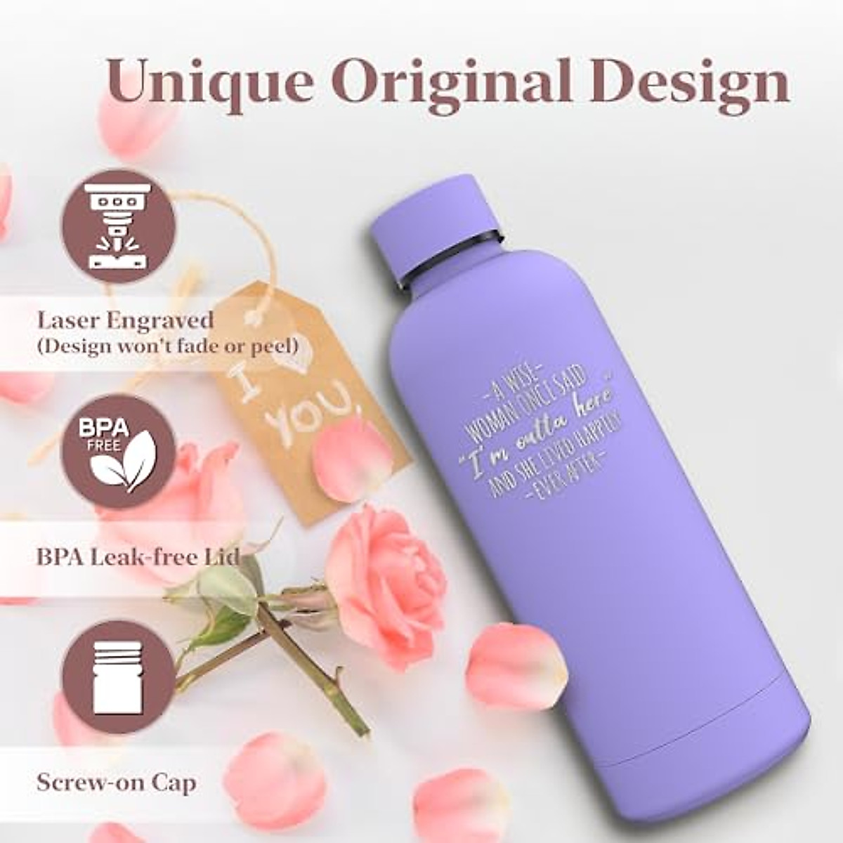 A Wise Woman Once Said I'm Outta Here and Lived Happily Ever After Engraved Insulated Stainless Steel Water Bottle Tumbler Cap Lid 17 oz. (Pink)