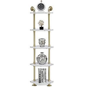 ivinta Corner Bookshelf with Storage, Wall Mount Pipe Shelves, White Corner Shelf Stand, Gold Metal Décor Bookcase, Modern Shelf Organizer Display Stand Rack for Bedroom, Bathroom, Living Room