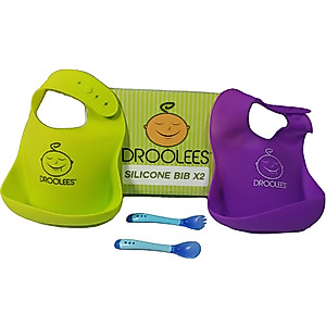 Droolees Premium Waterproof, Widemouth, Soft Silicone Feeding Bibs, Unisex, Washable, Includes Bonus Item, Rolls up for Travel, 2 Pack