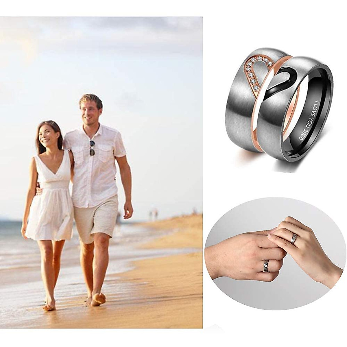 Personalized Couples Promise Ring Set for Him and Her Free Engraving Stainless Steel Engagement Wedding Rings Band Set for Men and Women Valentines Day Jewelry (Black+Rose Gold(2pcs))