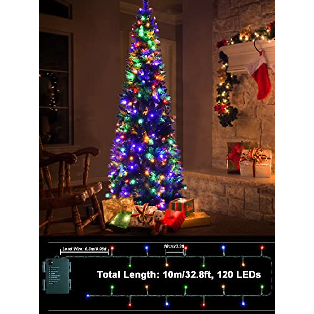 2 Pack Each 32.8ft 120 LED Battery Operated Christmas Tree Lights Indoor Outdoor Cluster String Lights with Timer 8 Modes Dark Green Wire Fairy Light for Xmas Bedroom Garden Decorations (Multicolor)
