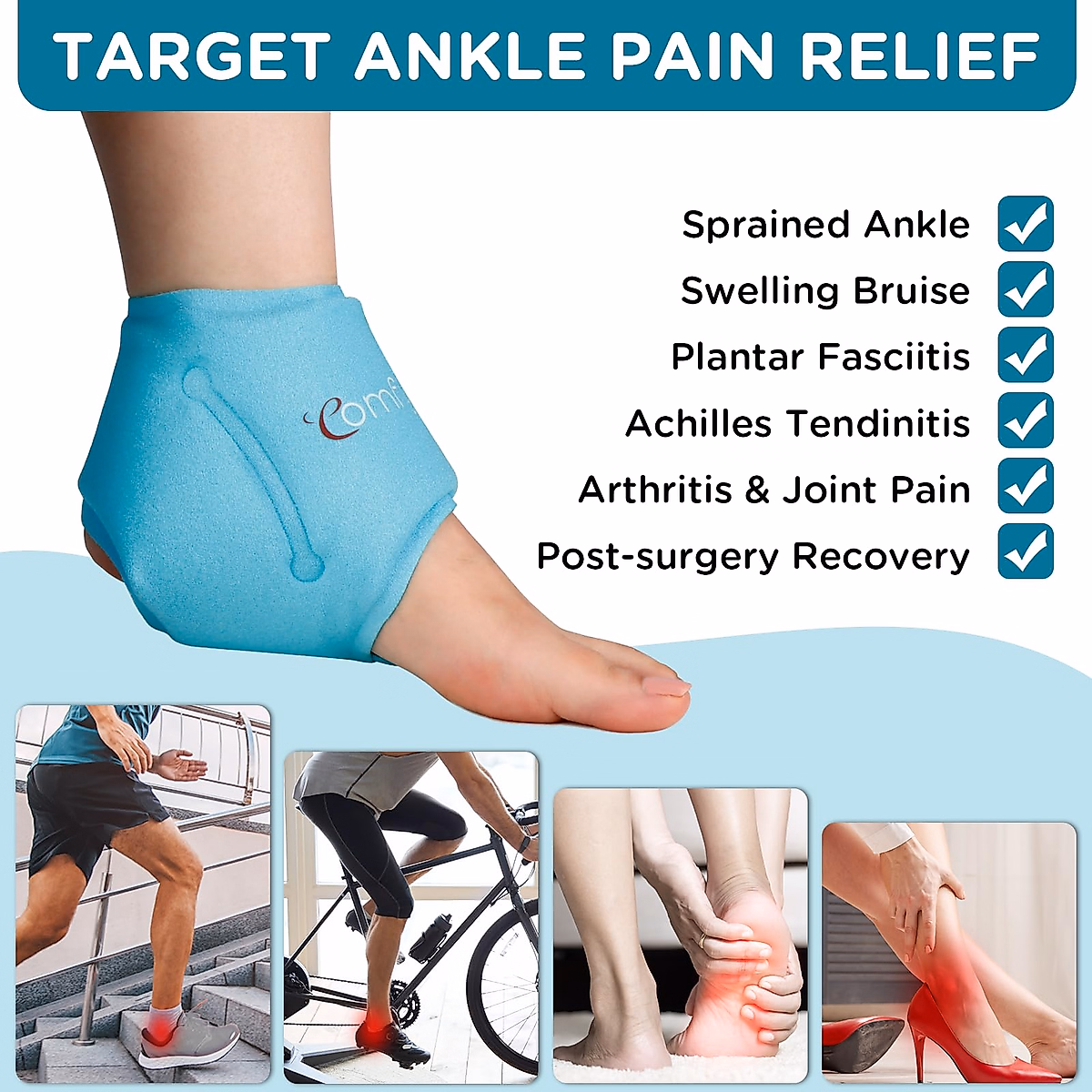 Comfytemp Ankle Ice Pack Wrap for Swelling, Plantar Fasciitis, Foot Pain Relief, FSA HSA Eligible, Gel Packs for Injuries Reusable, Hot Cold Compression for Achilles Tendonitis, Sprain Ankles, 2 Packs