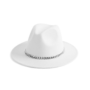 Gossifan Classic Wide Brim Fedora Hat with Chain Belt Buckle - AAA-White