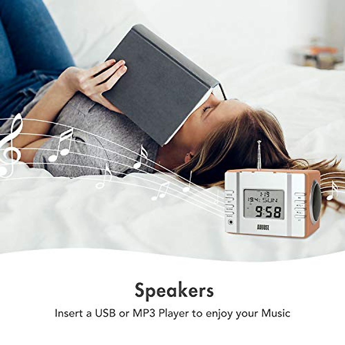 August MB300 Mini Wooden MP3 Stereo System and FM Clock Radio, with Card Reader, USB Port & AUX Jack (3.5mm Audio In), 2 x 3W Powerful Hi-Fi Speakers and Built-in Rechargeable Battery