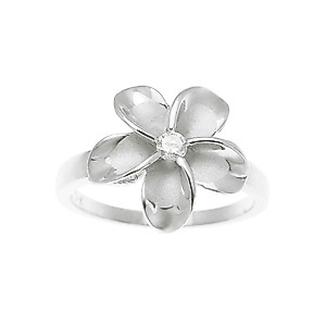 Arthur's Jewelry 925 sterling silver rhodium plated 15mm Hawaiian plumeria single flower cz ring size 4.5