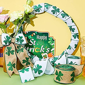 2 Rolls St. Patrick's Day Shamrock Glitter Wired Edge Ribbons Wired Clover Ribbon Shamrock Burlap Ribbons St. Patrick's Day Ornament Hanging Decoration for DIY Wrapping Craft Decor, 20 Yards Totally