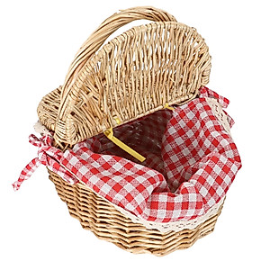 Wicker Basket with Liner Camping Picnic Basket Shopping Storage Hamper with Lid and Handle for Barbecue Food Storage Container Sundries Organizer Red Fruit Vegetable Storage Basket