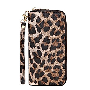 Foyinbet Leopard Print Wallets for Women Cheetah Animal Print Wallet and Purse Leather Zipper Closure Card Slots Brown
