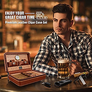 Premium Leather Cigar Humidor Set, Insides Magnetic Hygrometer &amp;Cedar Wood, Cigar Humidifier, V Cutter, Cigar Stand and Punch, Holds 4 Cigars, Portable Travel Cigar Case for Festival Gift, Birthday