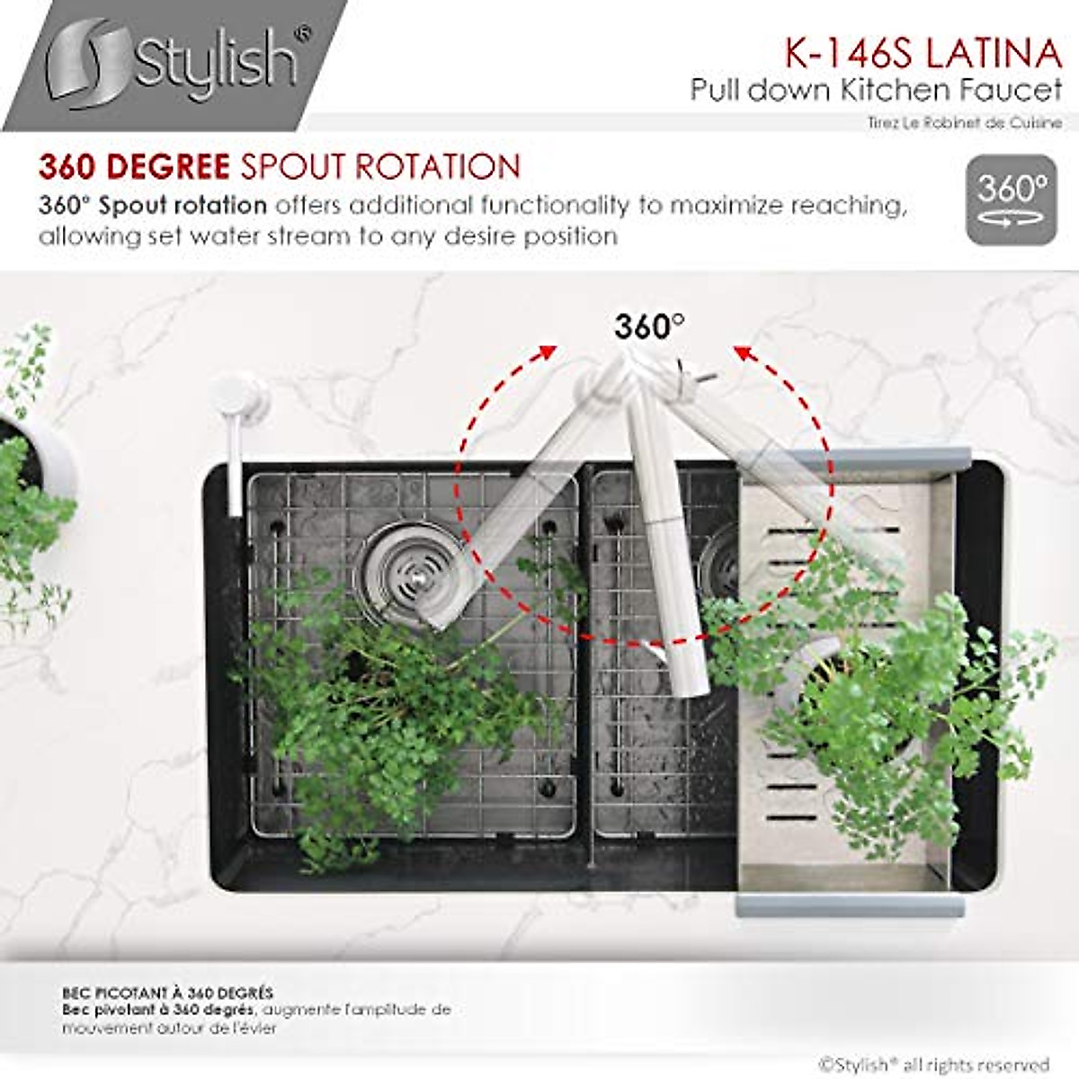 STYLISH Modern Kitchen Sink Faucet Single Handle Pull Down Dual Mode 100% Solid Stainless Steel Brushed Stainless Steel Finish, K-146S