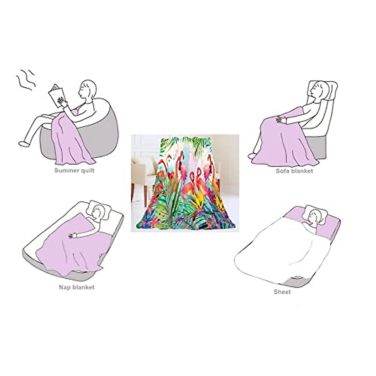 Mimihome Flamingo Blanket,Tropical Leaves Flamingos Throw Blanket Warm Fleece Blanket for Sofa Couch Bed Chair,60x50 Inches, Pink Green White