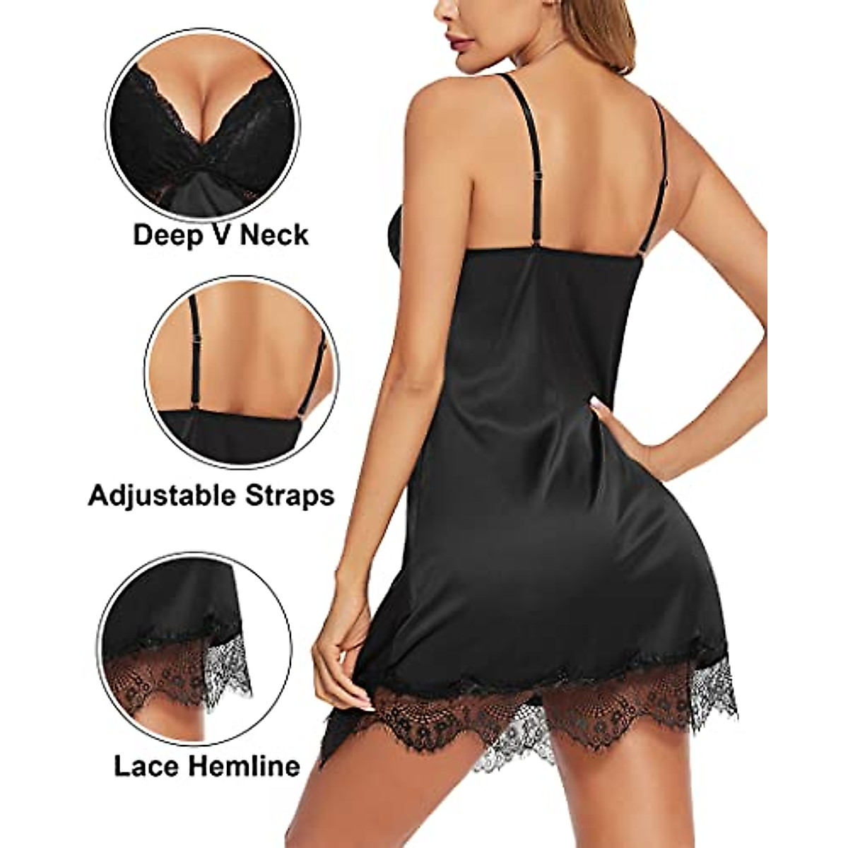 Avidlove Sexy Silk Nightgown for Women Ladies Lace Nightgowns Short Night Dress Plus Size Sleepwear (Black, S)